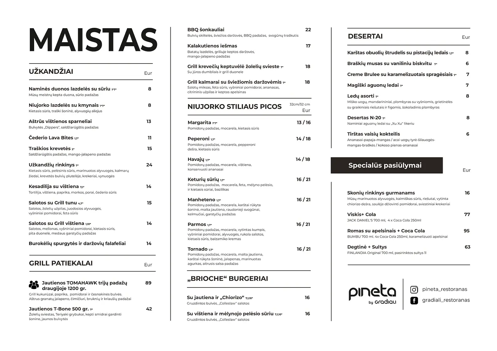 PINETA LOUNGE restorano meniu - Sanatorija Gradiali