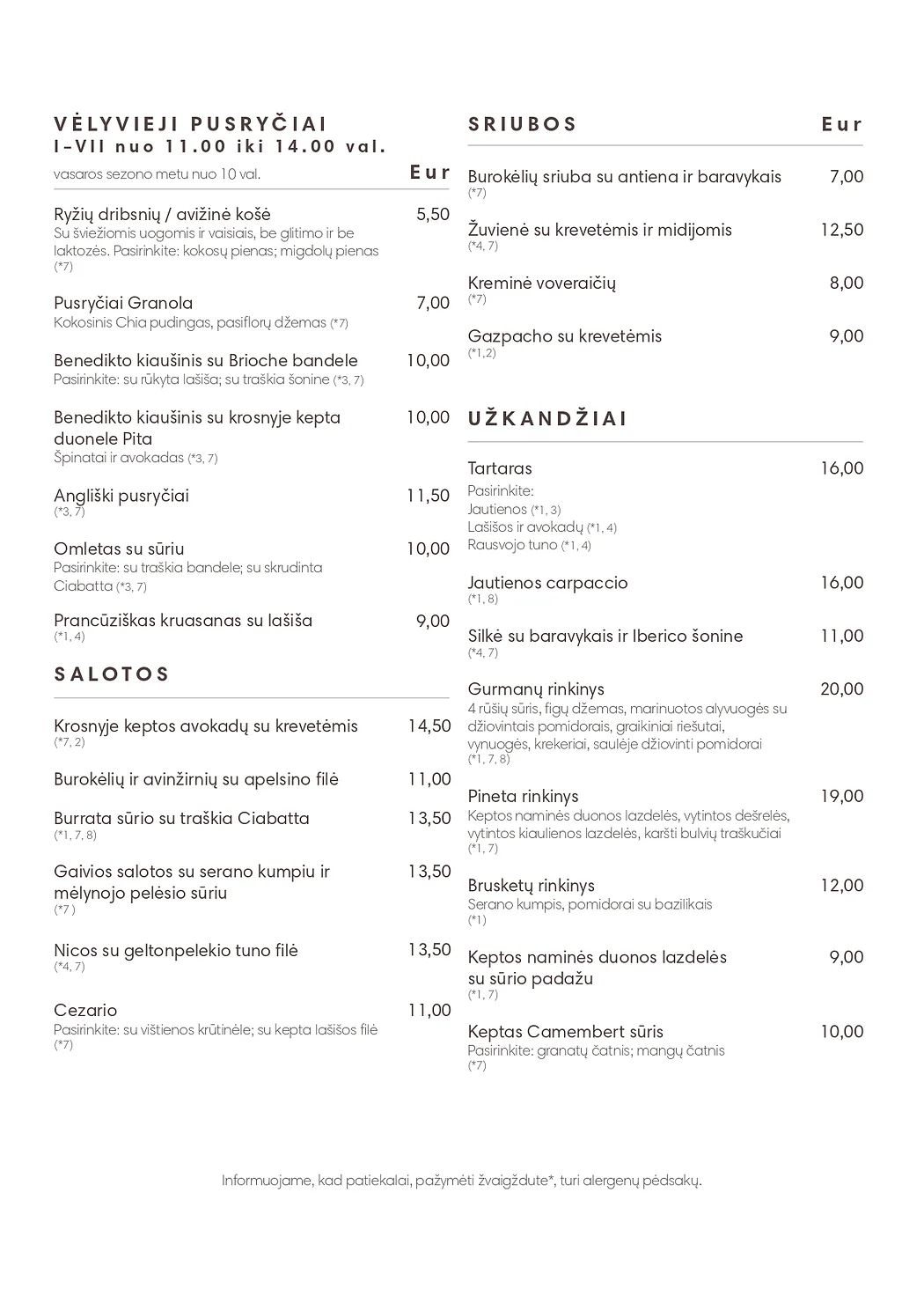 PINETA restorano meniu - Sanatorija Gradiali