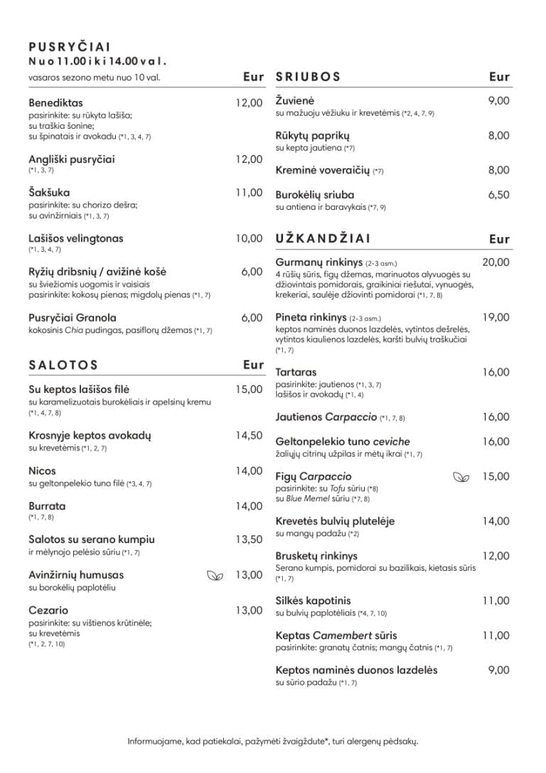 PINETA restorano meniu - Sanatorija Gradiali