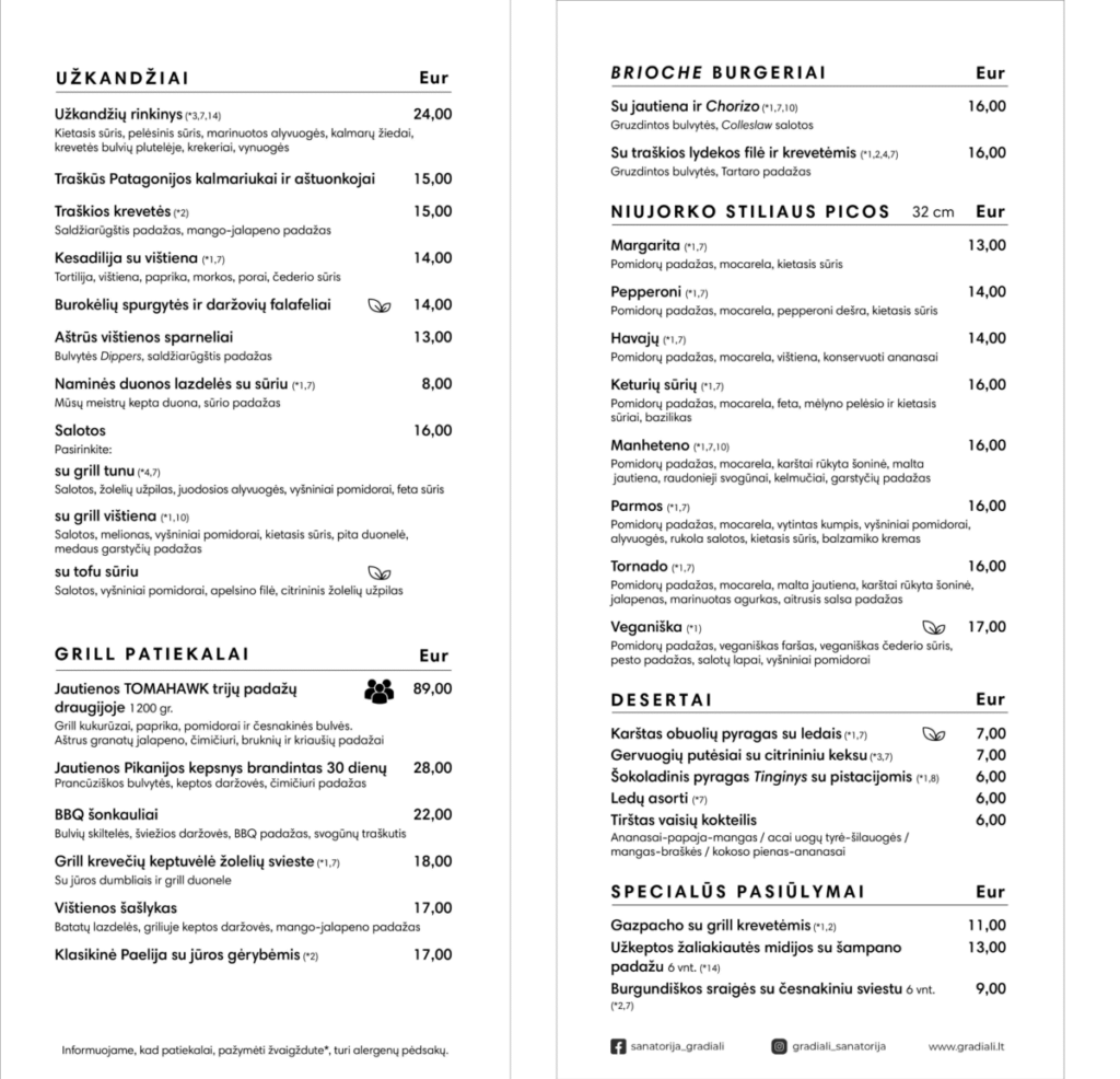 PINETA LOUNGE restorano meniu - Sanatorija Gradiali