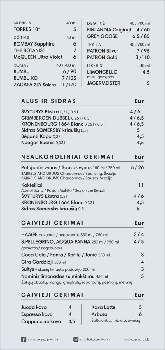 PINETA LOUNGE restorano meniu - Sanatorija Gradiali