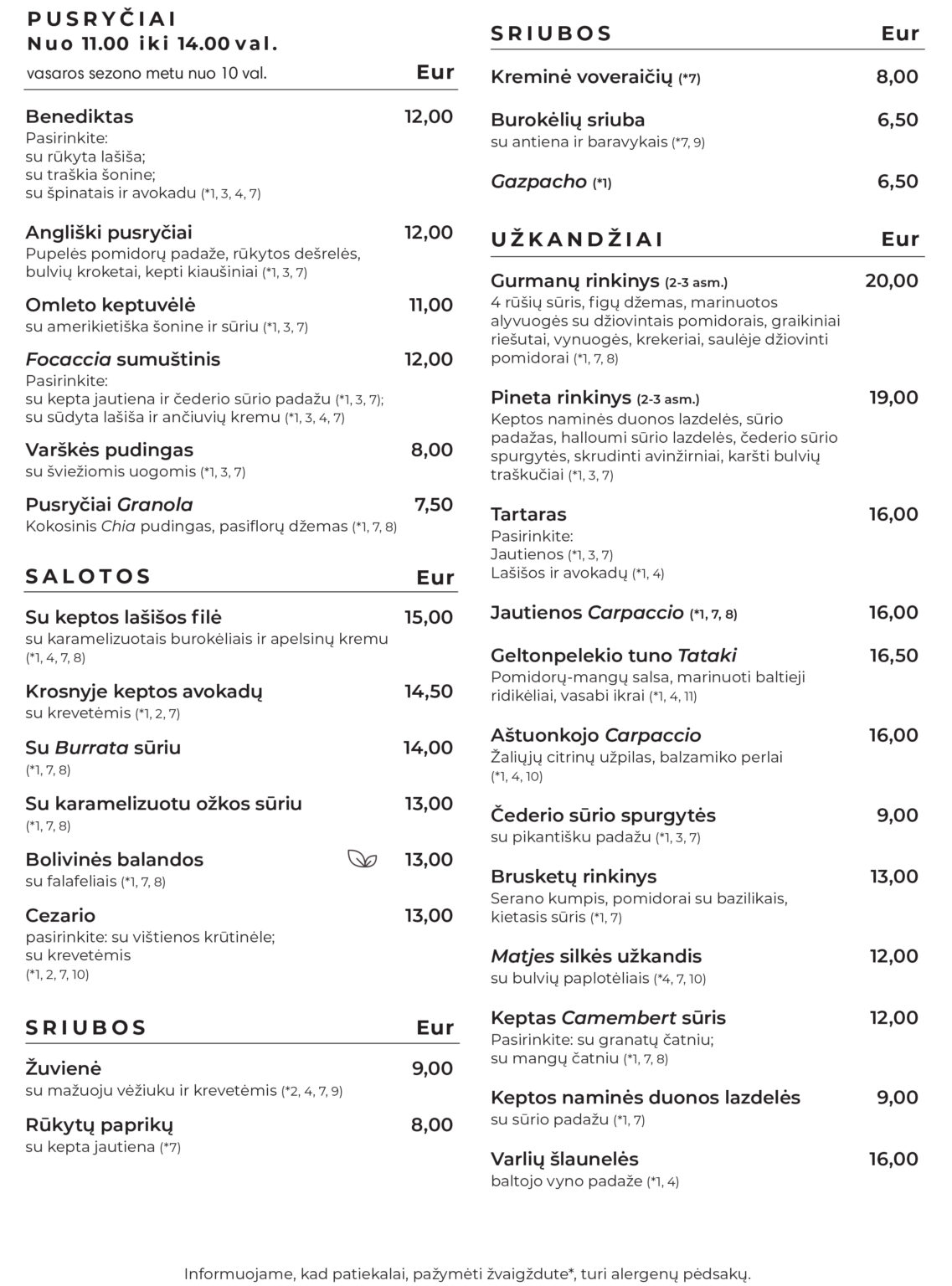 PINETA restorano meniu - Sanatorija Gradiali