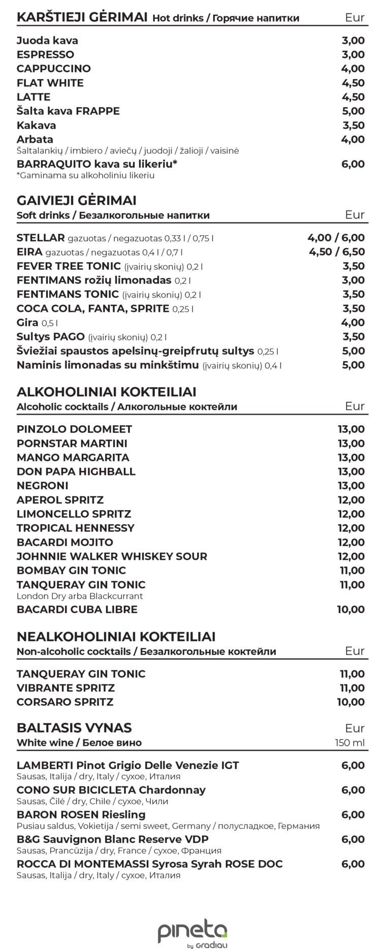 Restaurant Menu - Sanatorija Gradiali